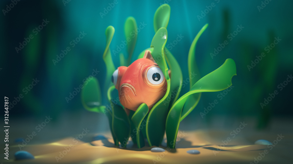 Goldfish hiding underwater in seaweed. Adventures of little funny fish ...