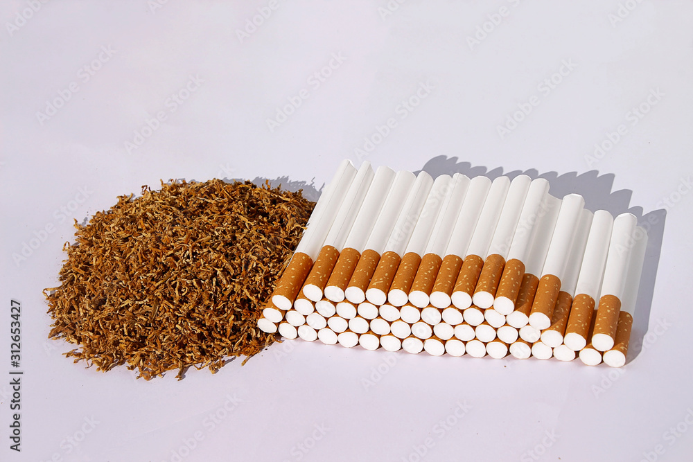 Pile of loose tobacco with cigarette filters, on a white background ...