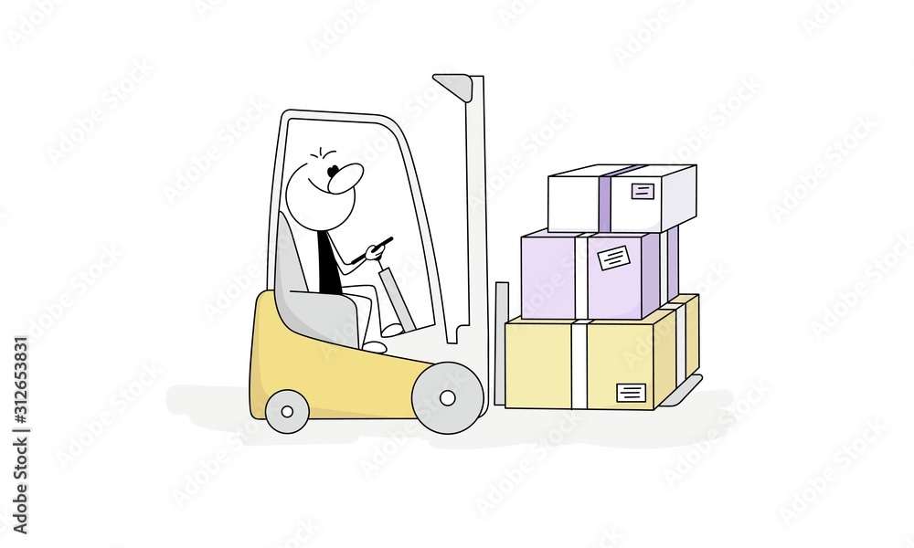 Doodle stick figure: Lift-truck, mover, postman. Pile cardboard boxes ...