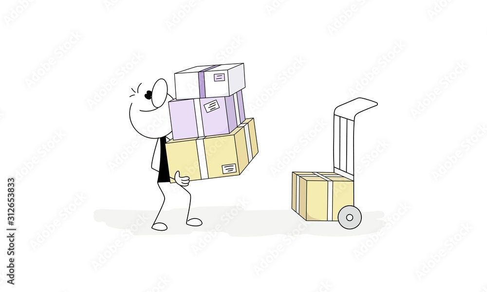 Doodle stick figure: Lift-truck, cart, mover, postman. Pile cardboard ...