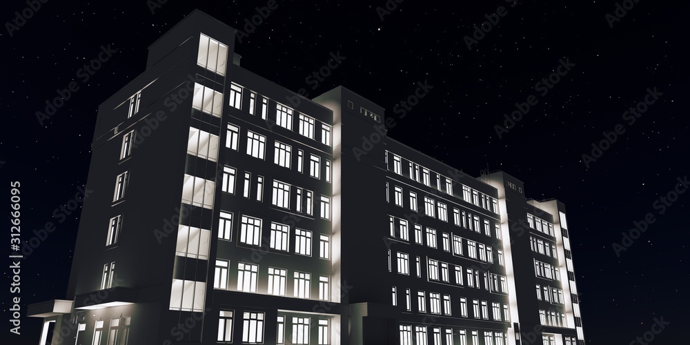 Image of a 3D model of a multi-storey building at night Stock ...