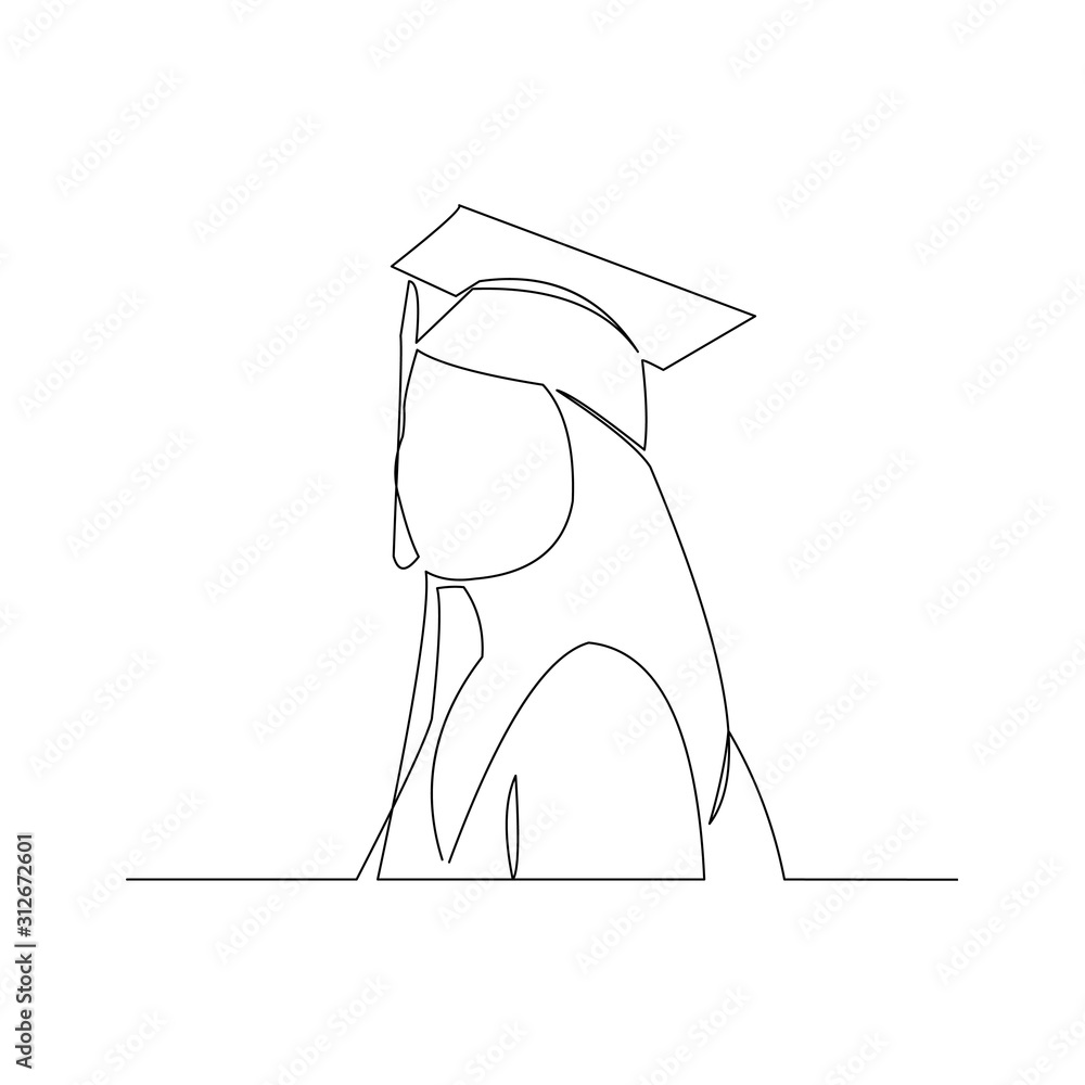 continuous line drawing of graduation woman wear toga hat vector ...