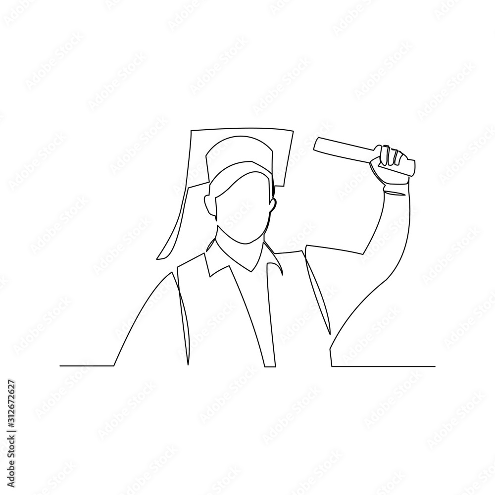 continuous line drawing of graduation man wear toga hat vector ...