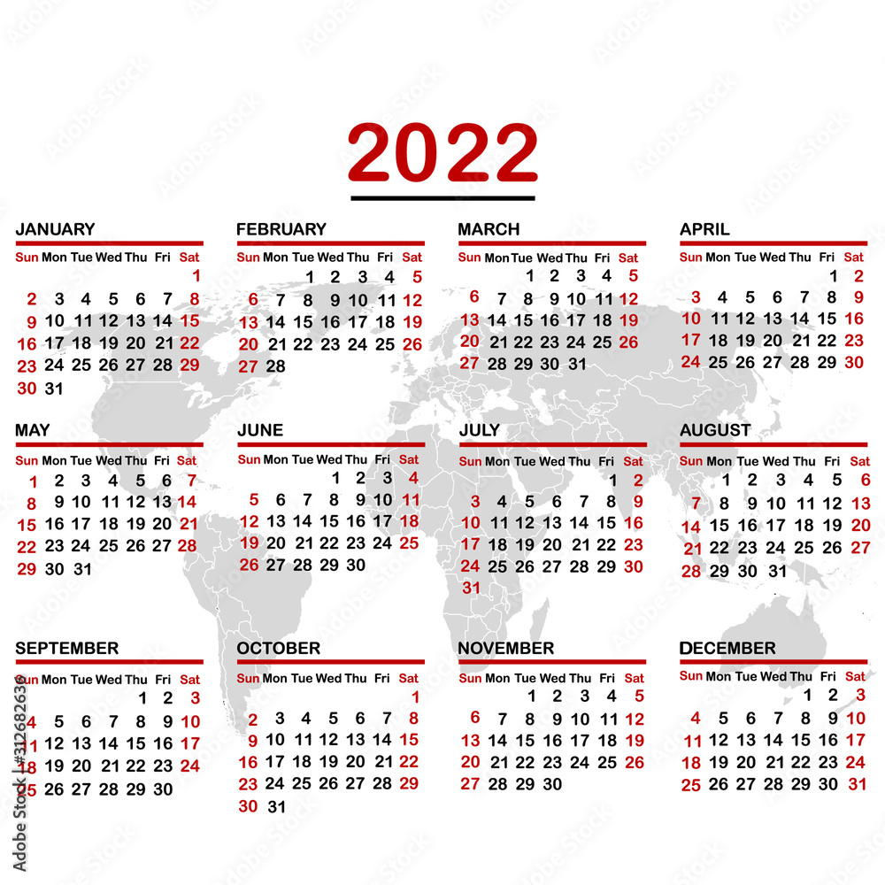 2022 calendar with world map Stock Vector | Adobe Stock