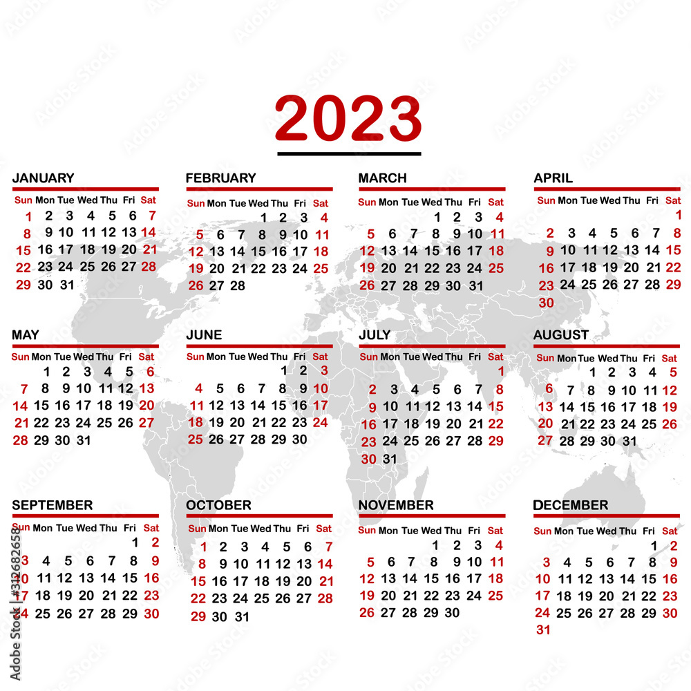 2023 calendar with world map Stock Vector | Adobe Stock