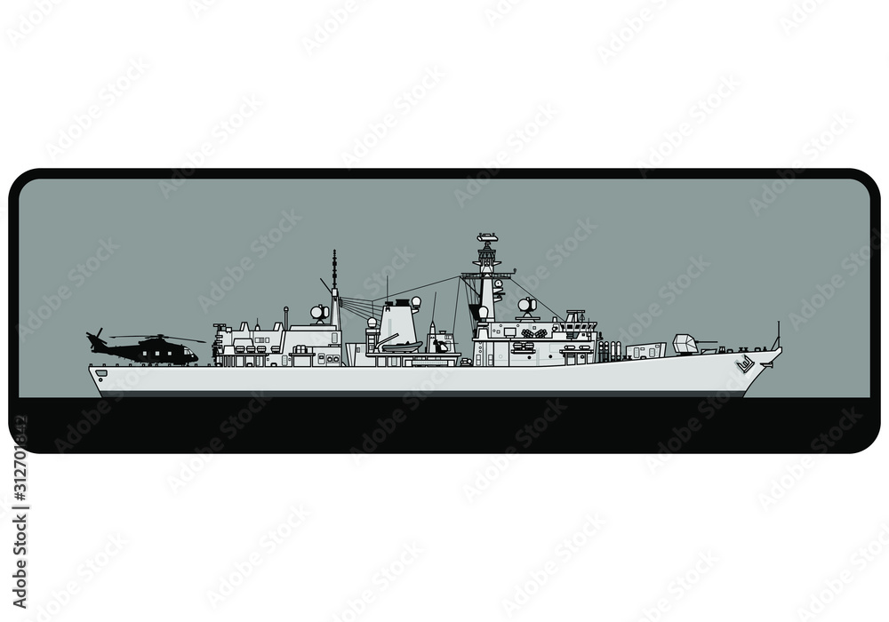 Royal Navy. Type 23 Duke-class frigate. Side view. Vector template for ...