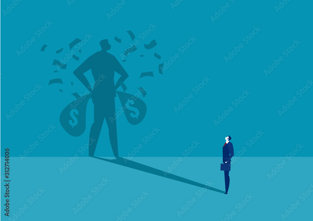 business man looking ้his shadow rich under money rain success concept ...