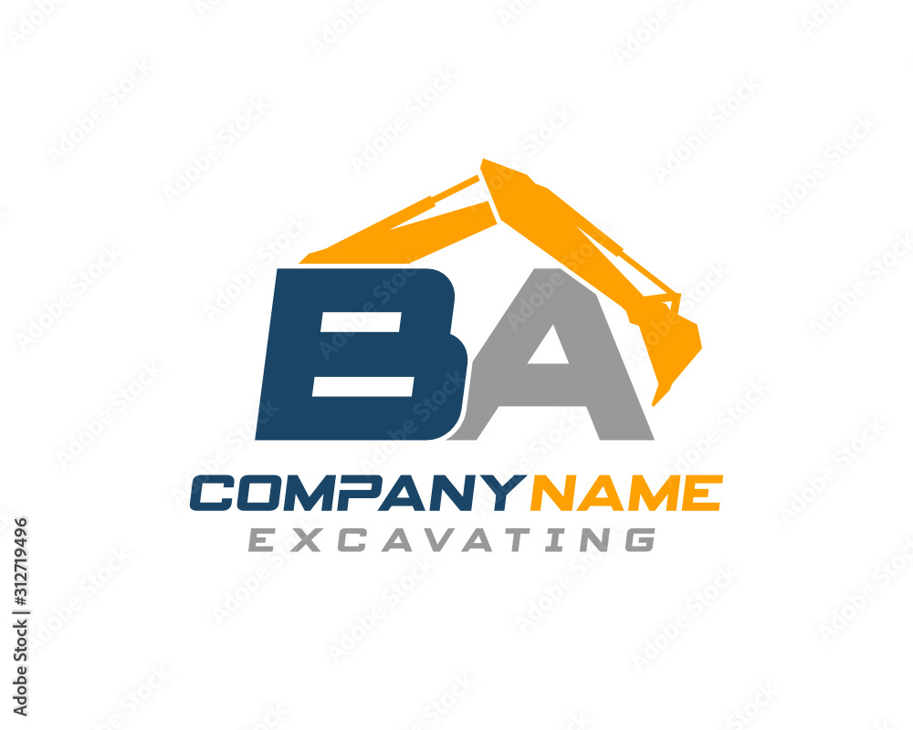 Initial BA excavator logo concept vector with arm excavator template ...