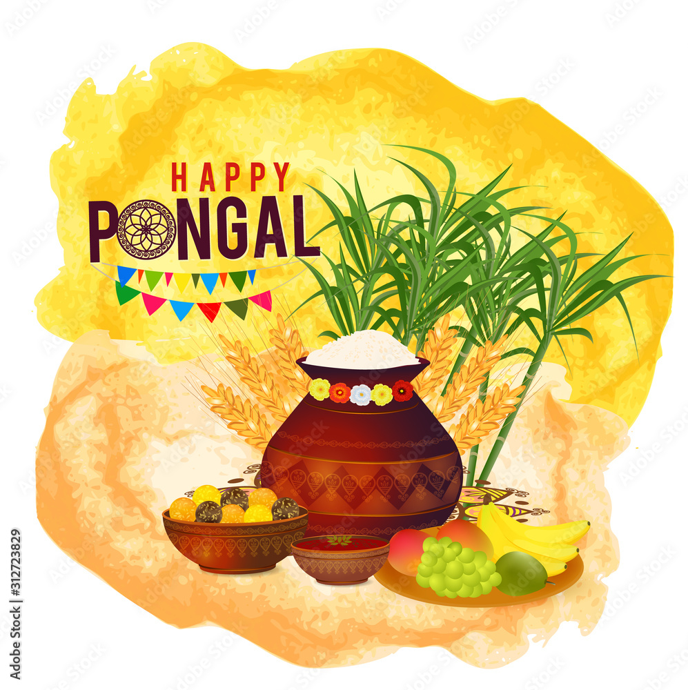 Happy Pongal religious festival of India celebration with pongal rice ...