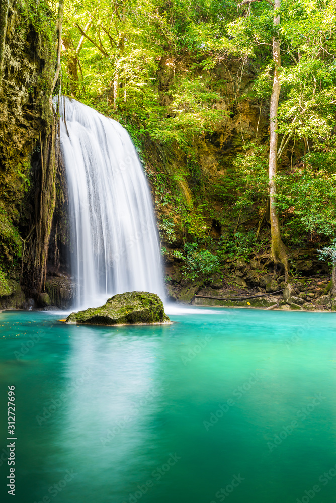Waterfall and blue emerald water color in Erawan national park. Erawan ...
