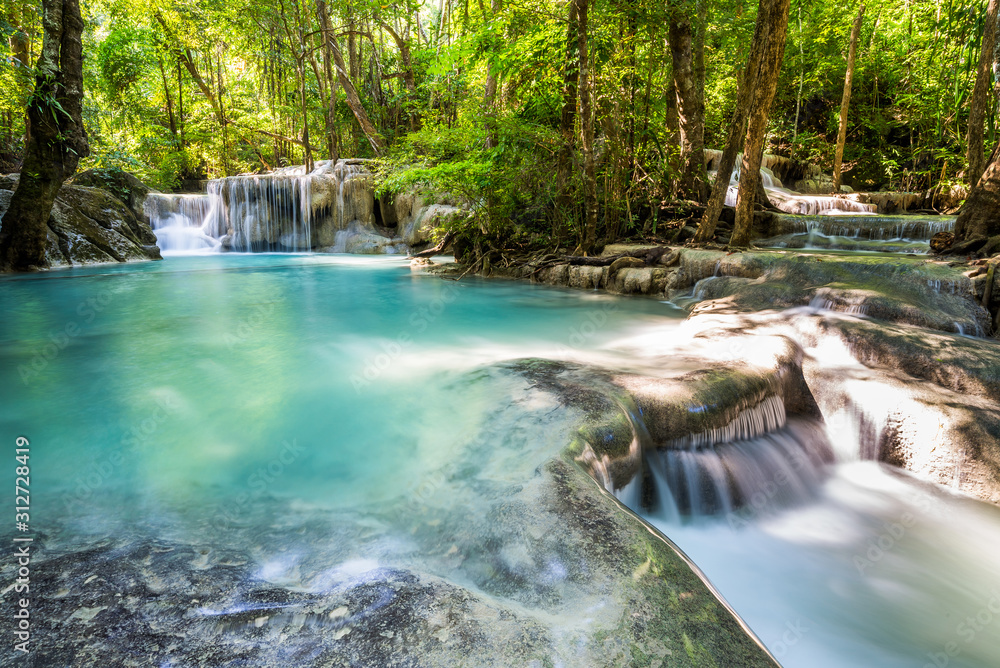 Waterfall and blue emerald water color in Erawan national park. Erawan ...