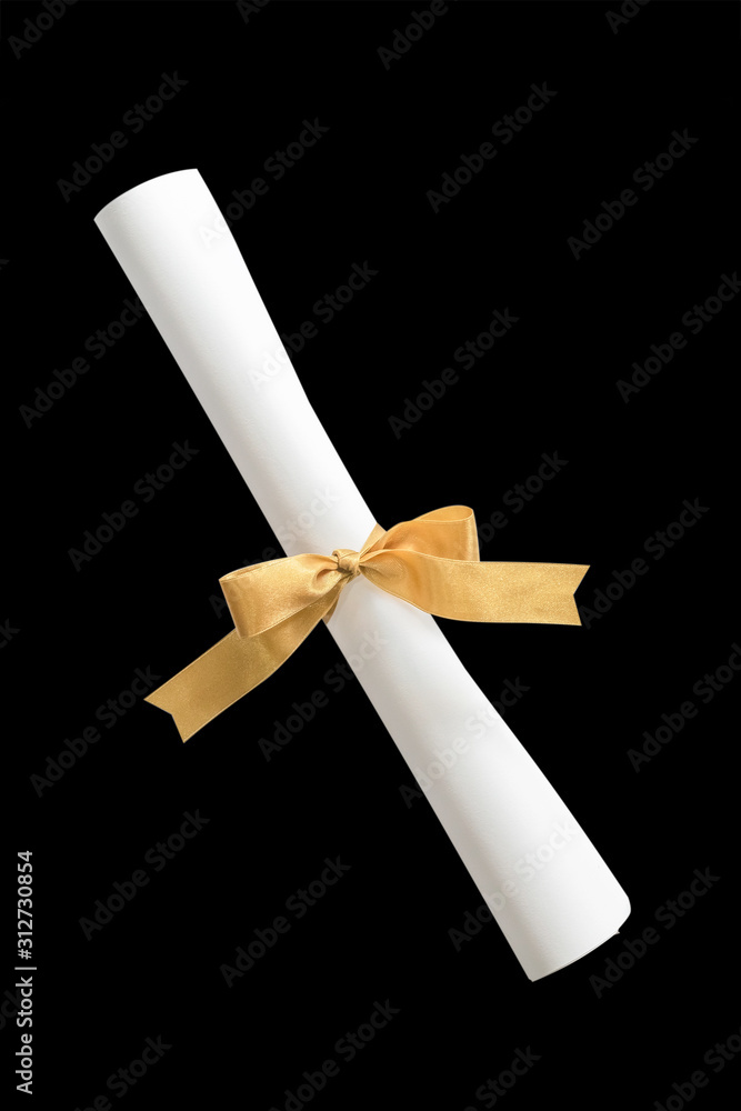 Diploma, degree certificate roll isolated on black background with ...