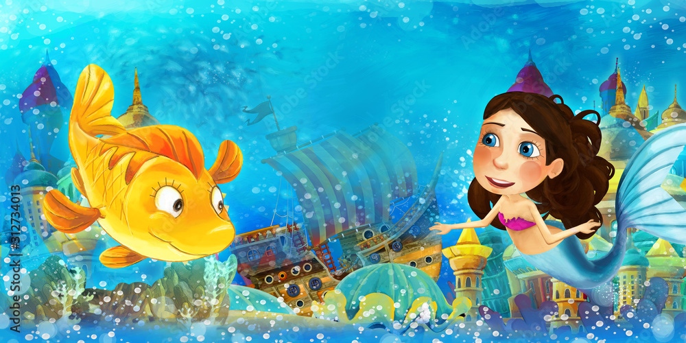 Cartoon ocean and the mermaid in underwater kingdom swimming and having ...