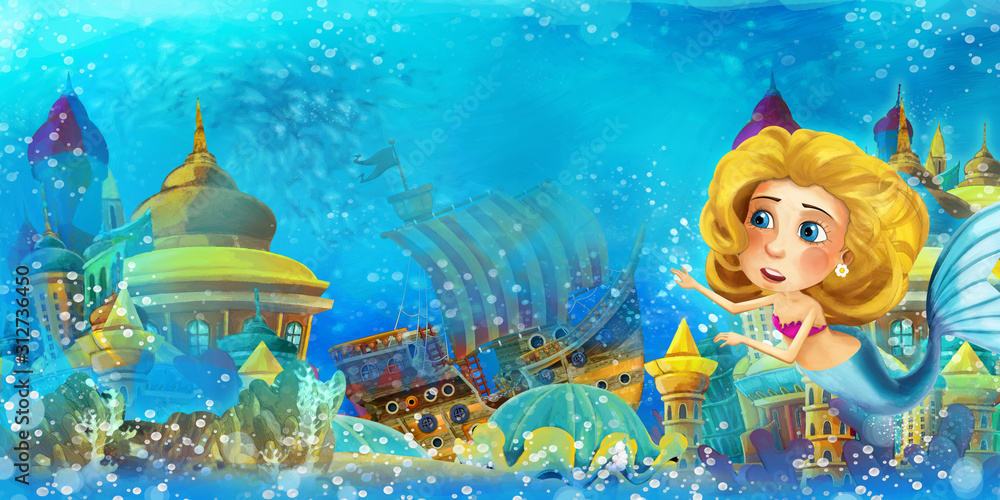 Cartoon ocean and the mermaid in underwater kingdom swimming and having ...