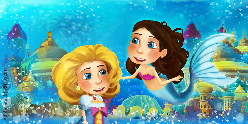Cartoon ocean and the mermaid in underwater kingdom swimming and having ...