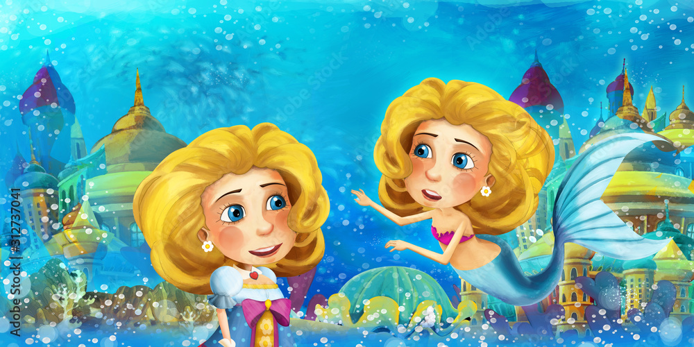 Cartoon ocean and the mermaid in underwater kingdom swimming and having ...