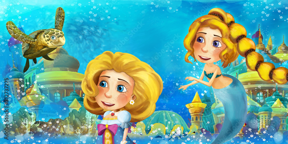 Cartoon ocean and the mermaid in underwater kingdom swimming and having ...