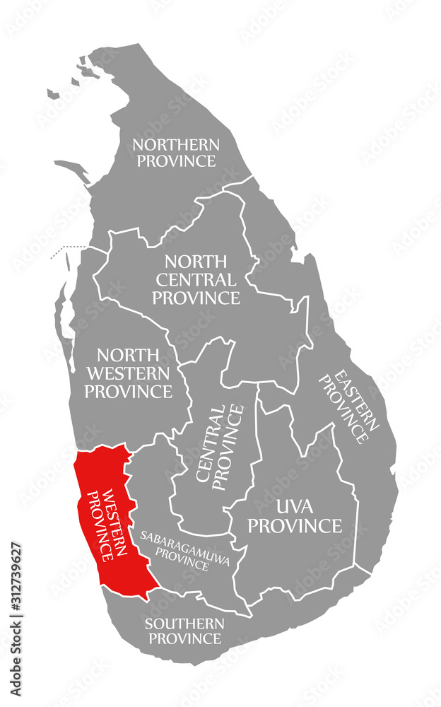 Western Province red highlighted in map of Sri Lanka Stock Illustration ...
