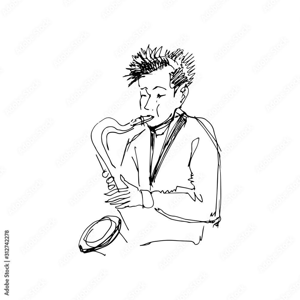 Saxophonist cartoon character, linear hand draw vector illustration ...