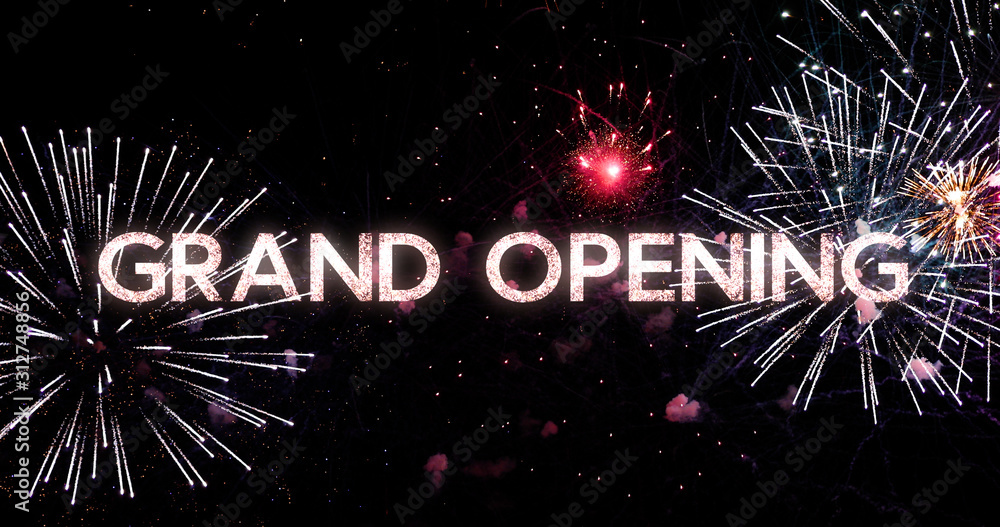 Grand Opening text animation with beautiful fireworks on black night ...