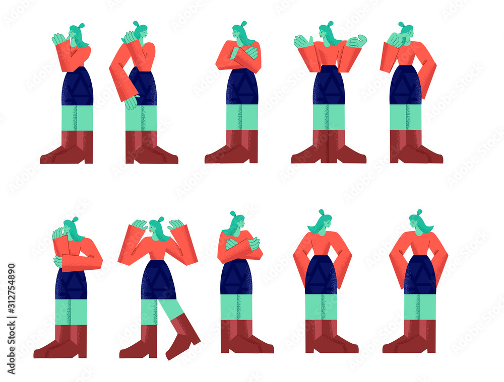 Female character showing person emotion and poses big limbs style ...
