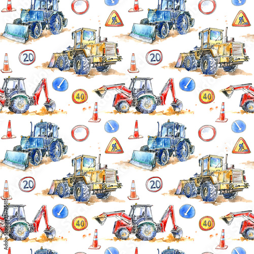 Seamless border of a tractor,bulldozer,road signs.Farming and building ...