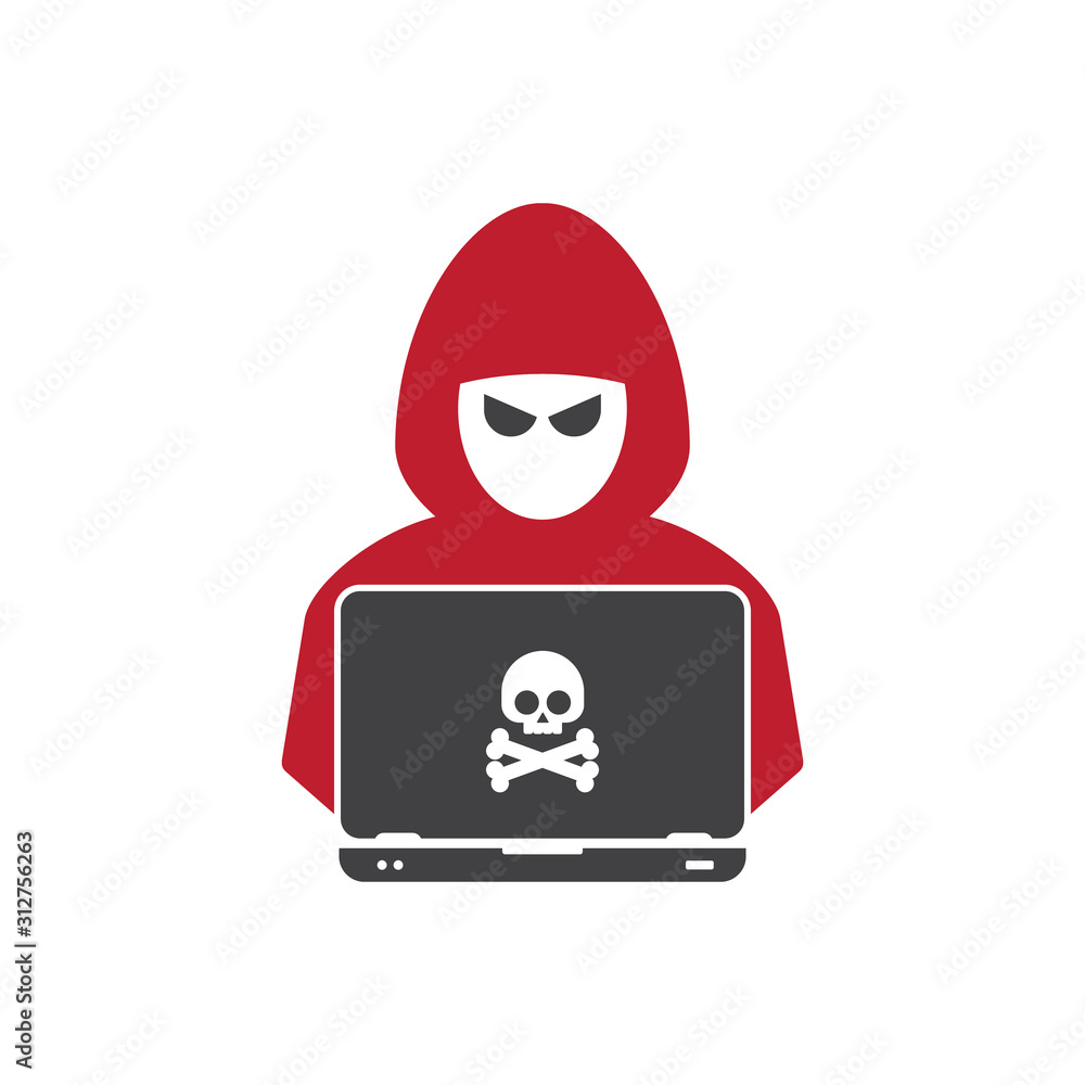 Hacker at laptop icon. Flat illustration of hacker at laptop vector ...