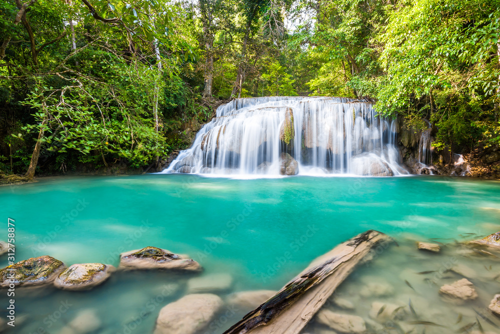 Waterfall and blue emerald water color in Erawan national park. Erawan ...