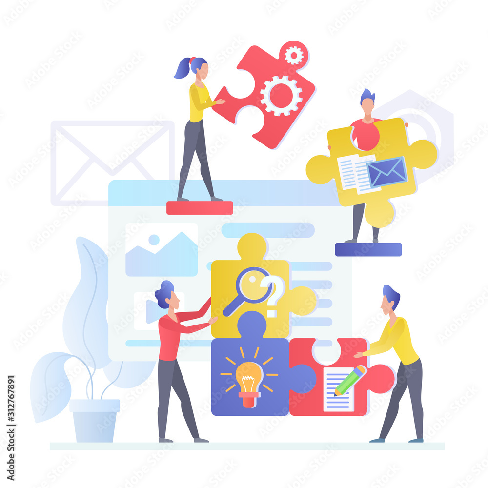 Team work flat vector illustration. Smart management. Puzzle and jigsaw ...
