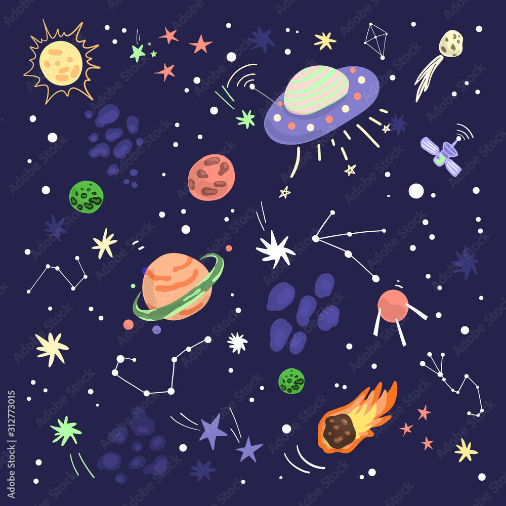 Outer space drawn by hand in cartoon style. Design background with ...