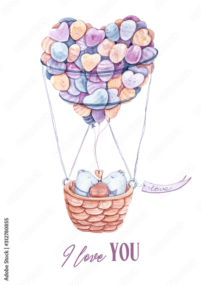 Two cute lovely white bears in love with frame. Watercolor greeting ...