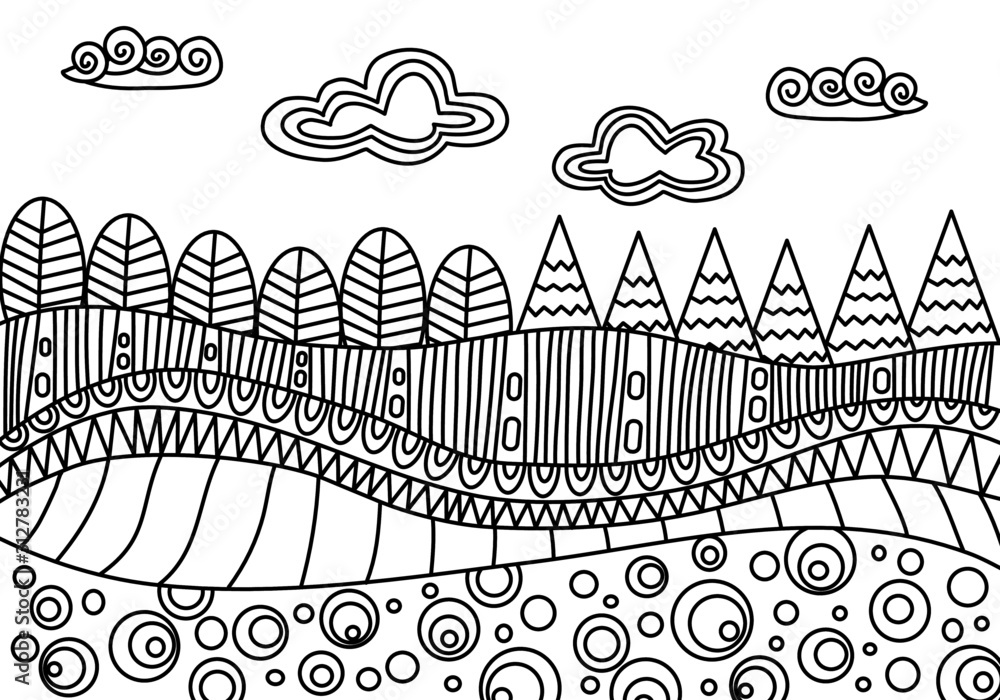 Doodle landscape with trees and clouds. Hand drawn line art vector ...