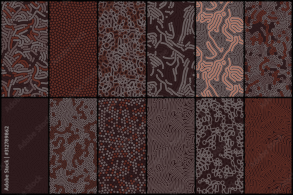 Set of organic seamless patterns with rounded lines, drips. Diffusion reaction background ...