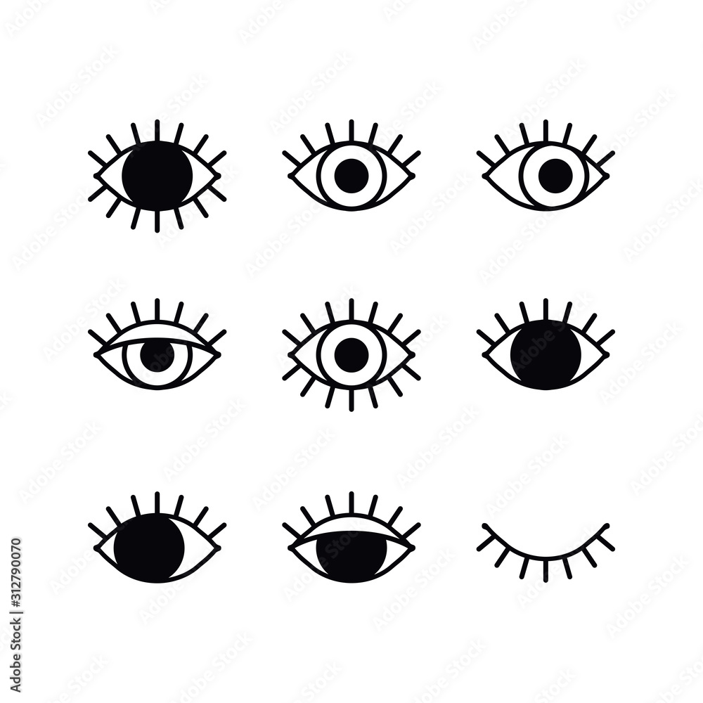 Open and closed eyes line icons set on white background. Look, see ...