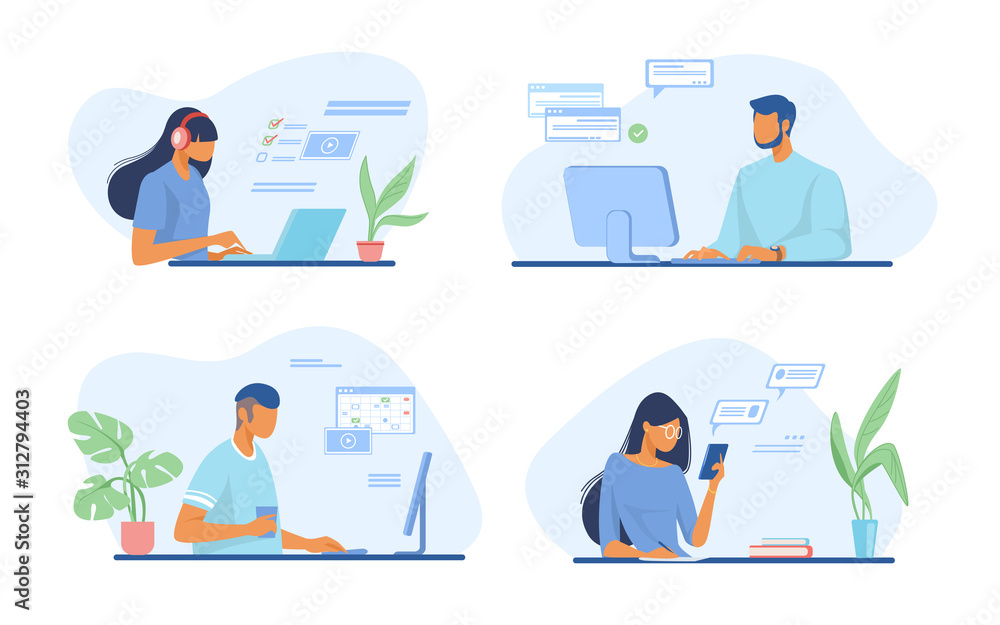 People using online apps set. Professionals using computers and ...