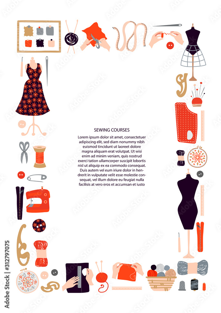 Vector vertical frame from objects and materials for courses of sewing ...