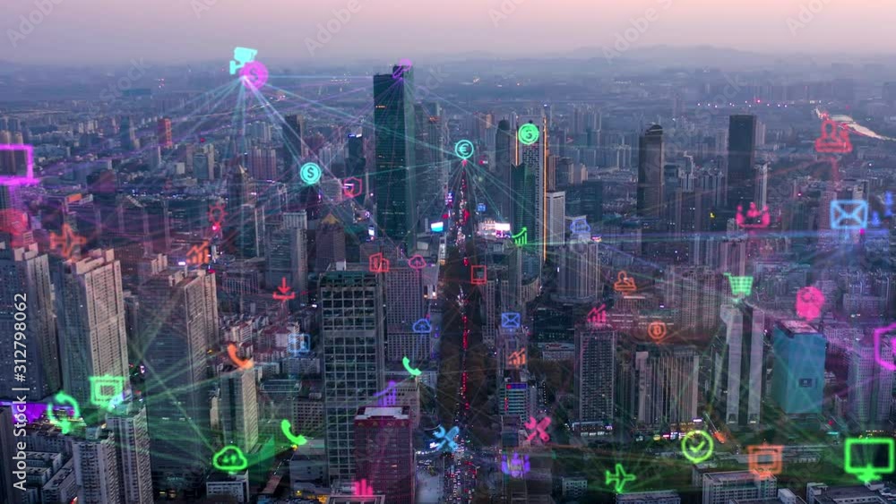 smart Connected city skyline. Futuristic network concept, city ...