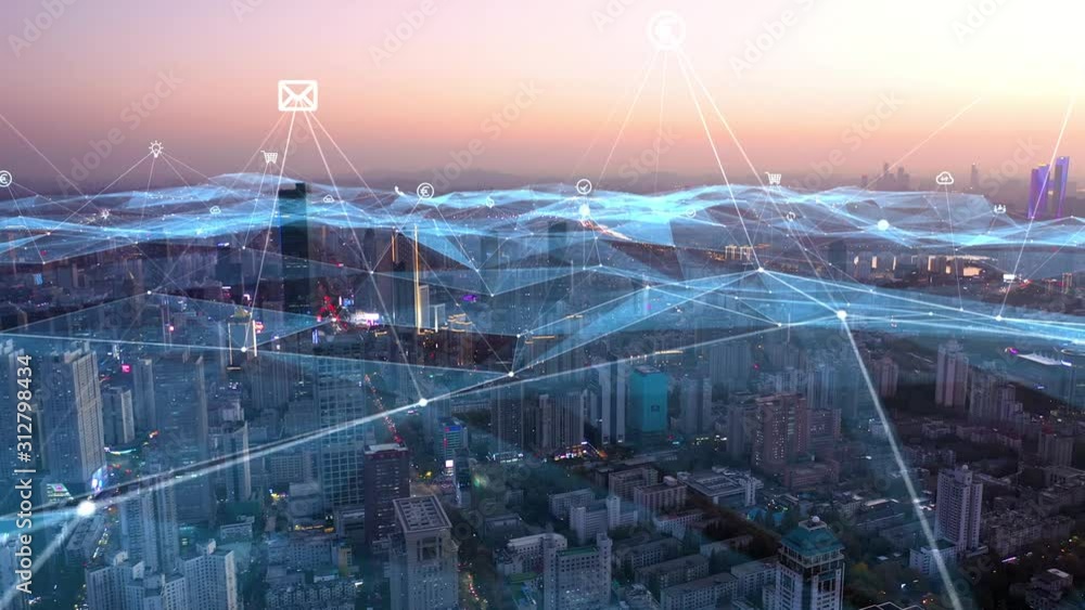 smart Connected city skyline. Futuristic network concept, city ...