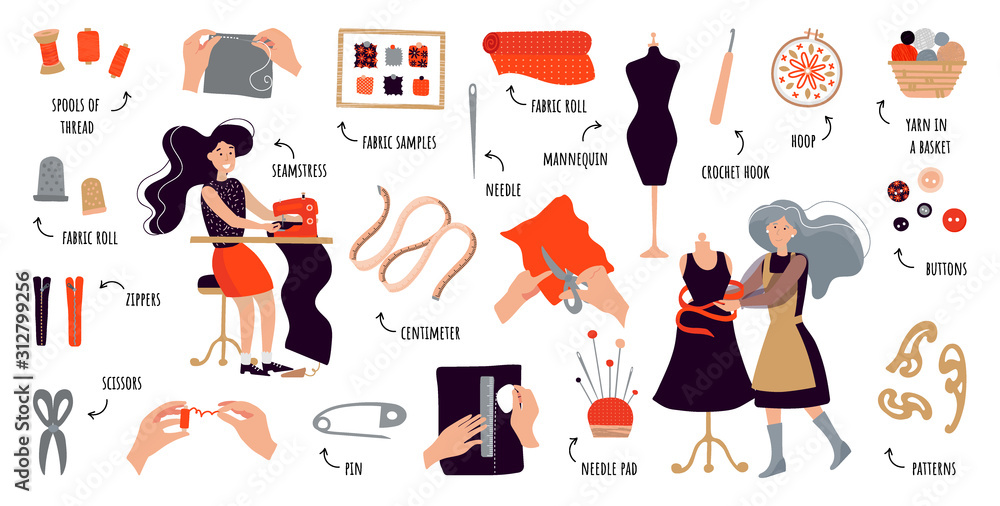 Vector flat infographics sewing courses. Women create designer clothes ...