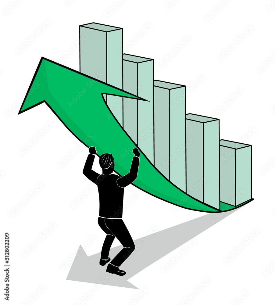 man raises the arrow of profitability. focus concept. the graph rises ...