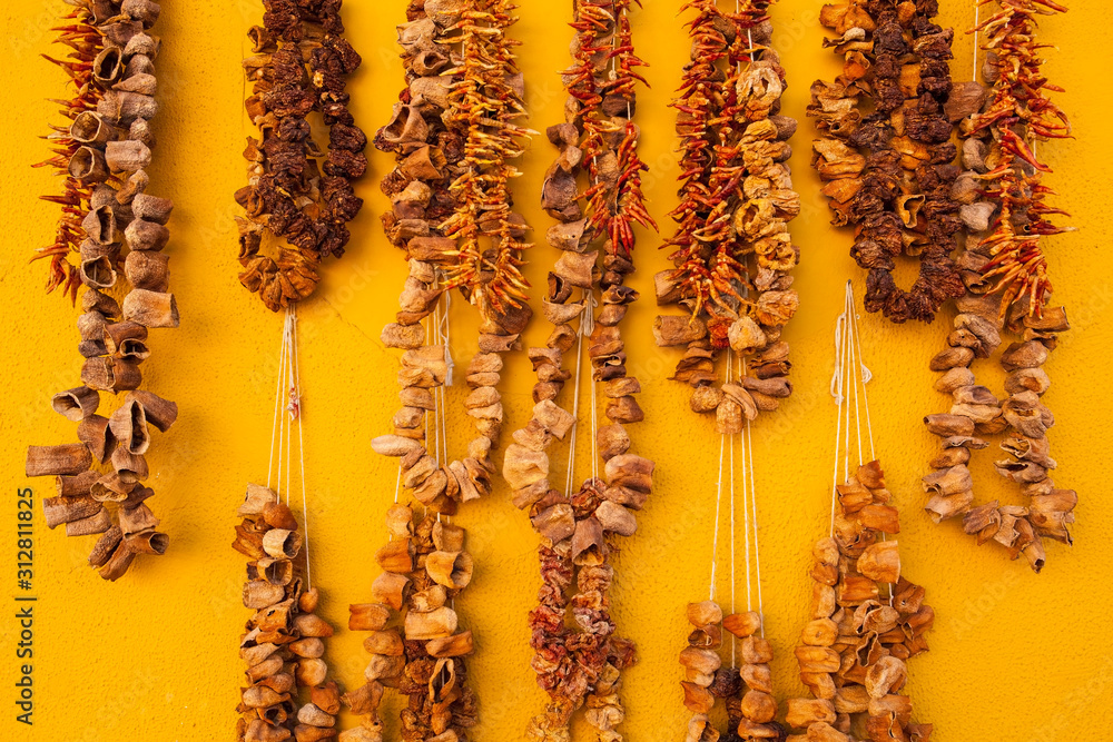 Traditional cretan products - souvenirs: homemade paprica,tomatoes ...