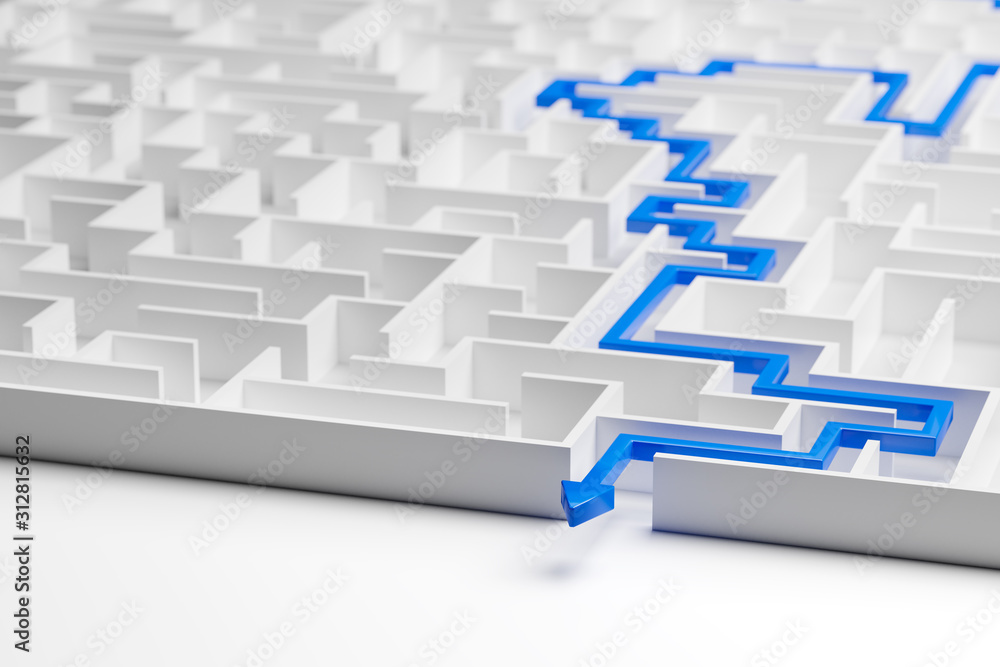 3d rendering: Concept - solving a complex problem. White maze with blue ...