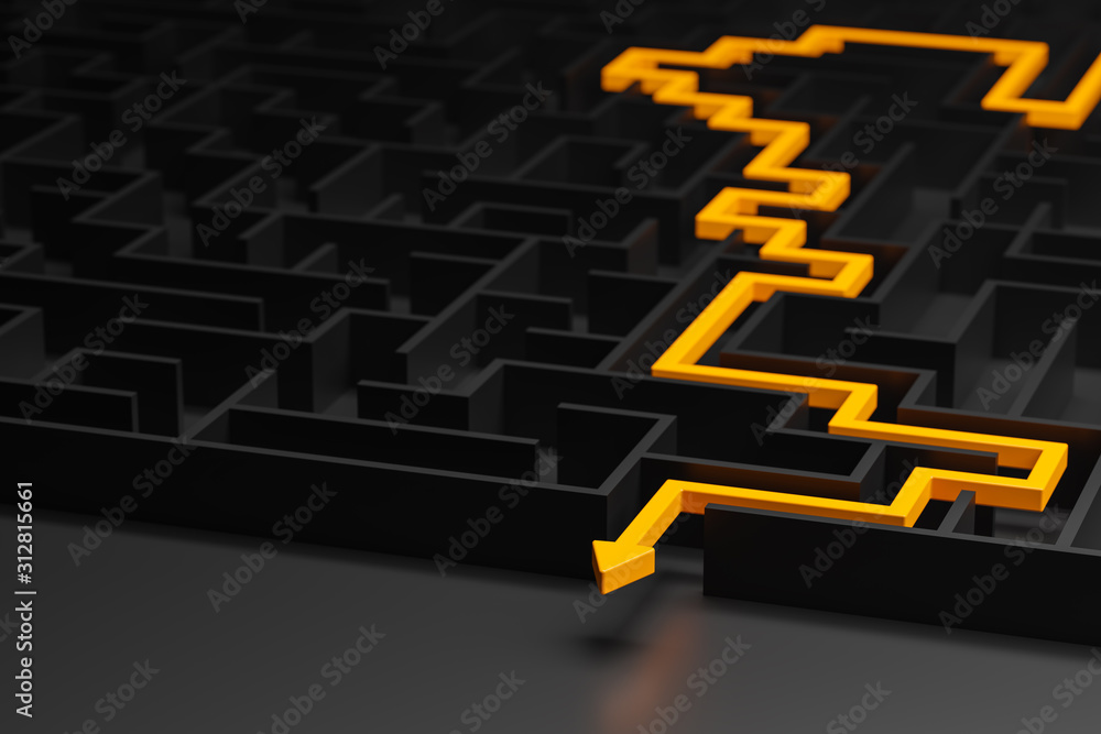 3d rendering: Concept - solving a complex problem. Black maze and floor ...