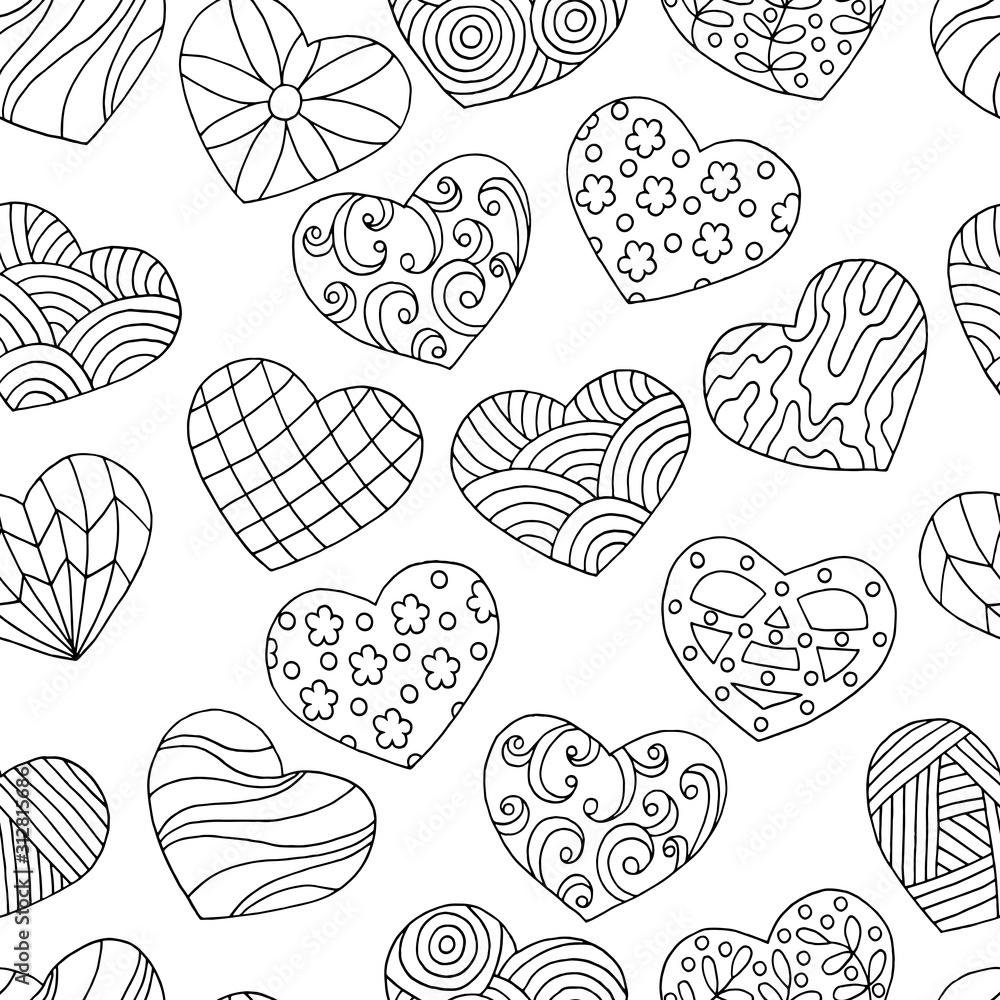 Vector seamless pattern of hand-drawn doodle hearts, coloring page ...