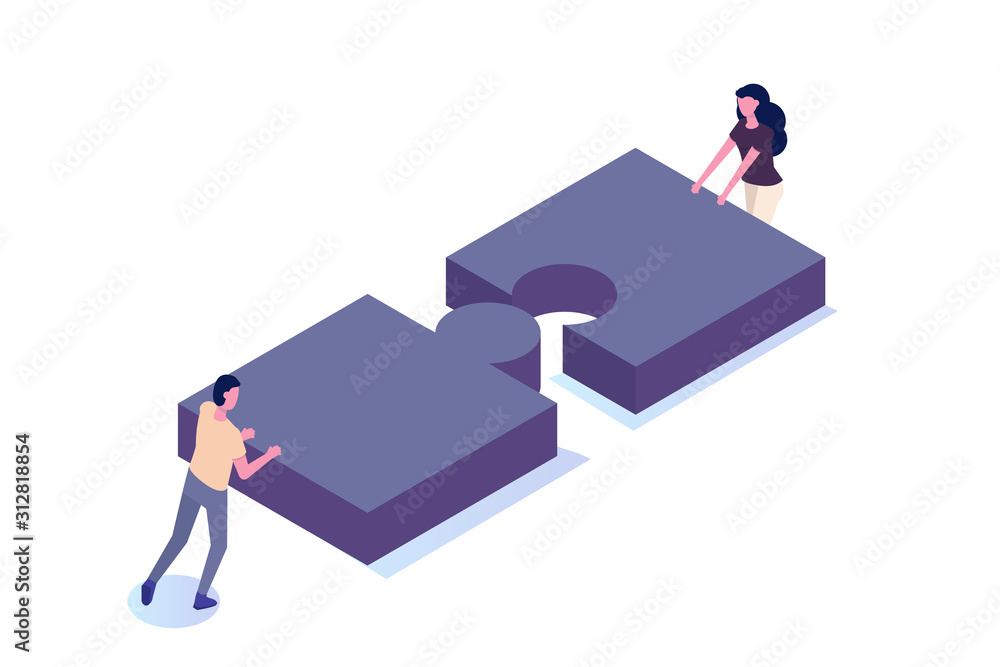Unity, teamwork isometric concept. Connect two puzzle piece. Vector ...