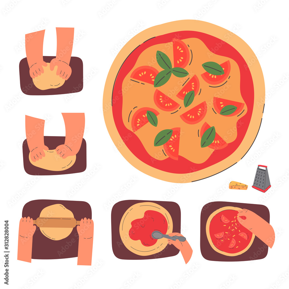 Hands knead dough and making pizza,line drawing isolated symbols for ...