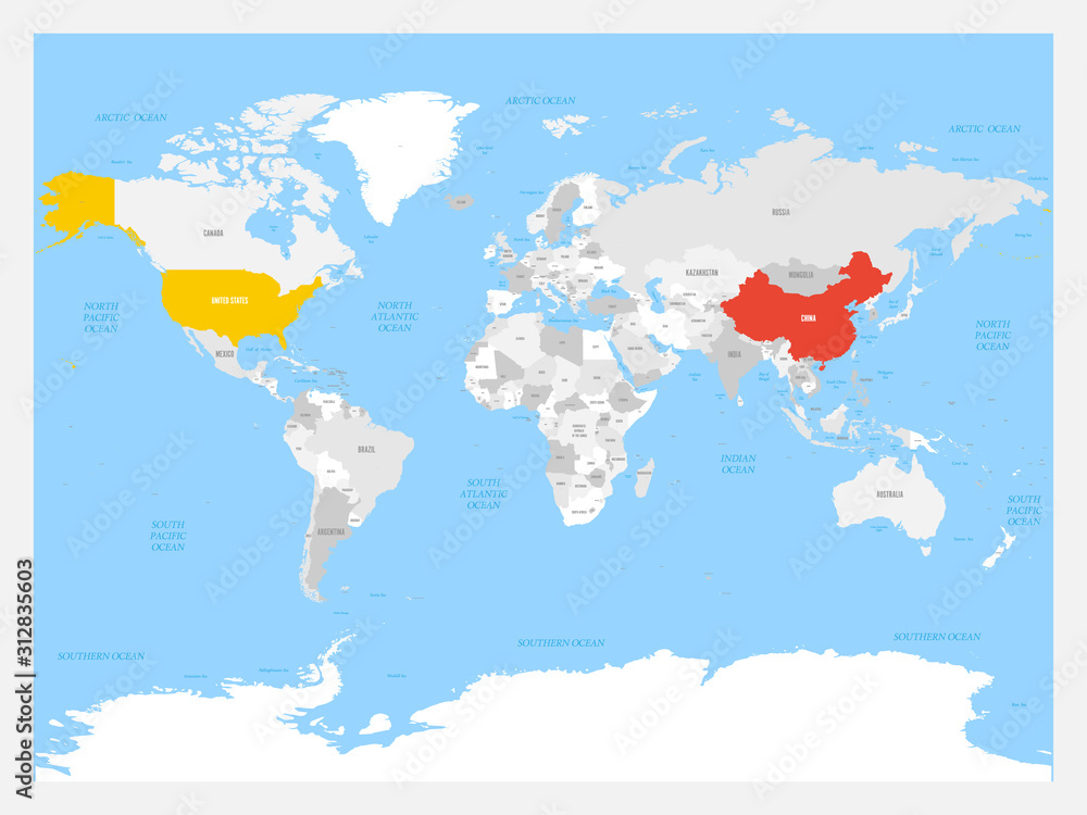 United States and China highlighted on political map of World. Vector ...