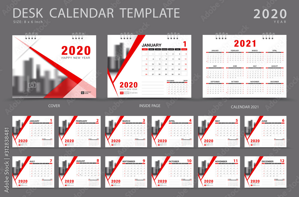 Desk calendar 2020 template. Calendar 2021 layout, Set of 12 Months ...