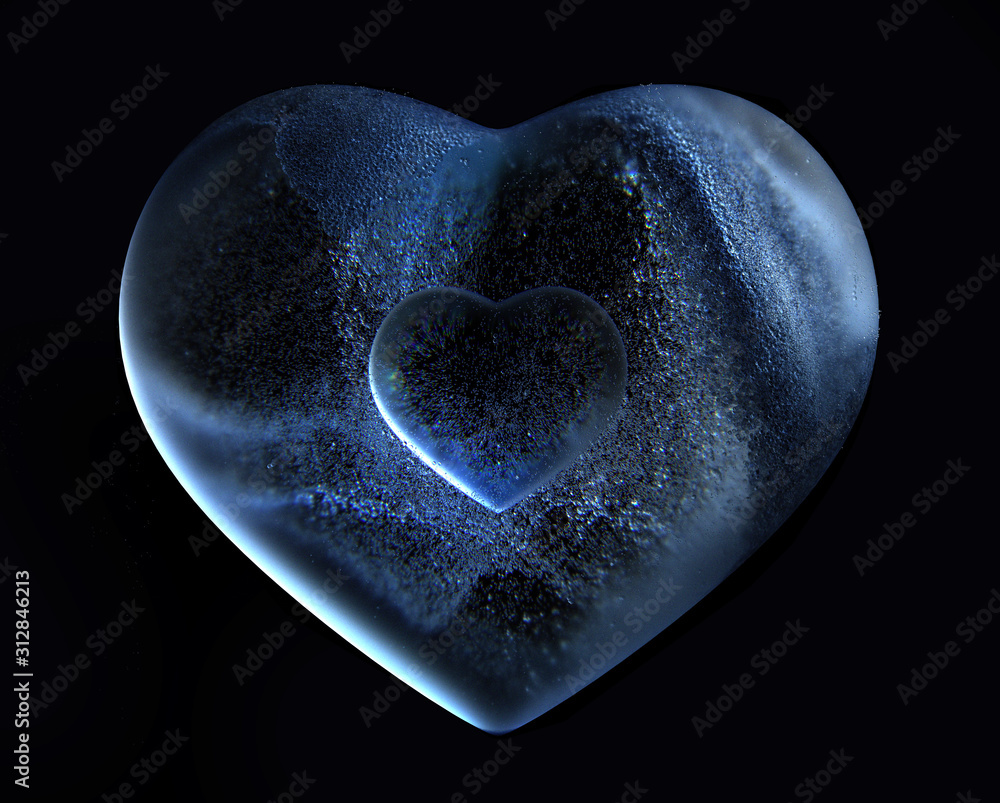 3d render of big blue glass heart ice love with blur effect on the ...
