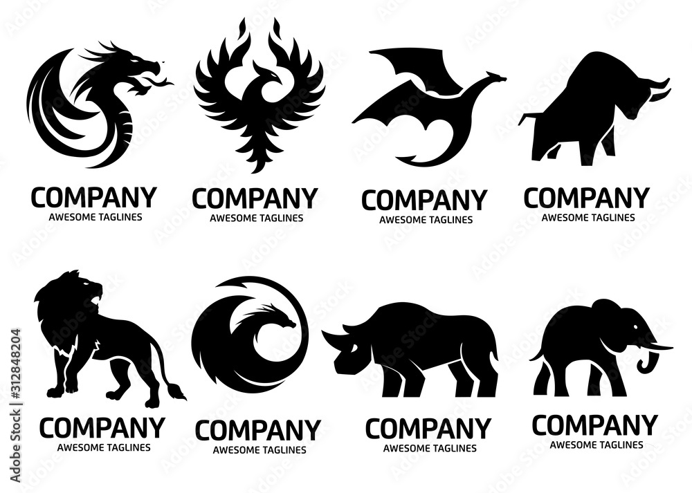simple animals set logo vector silhouette on white background Stock ...